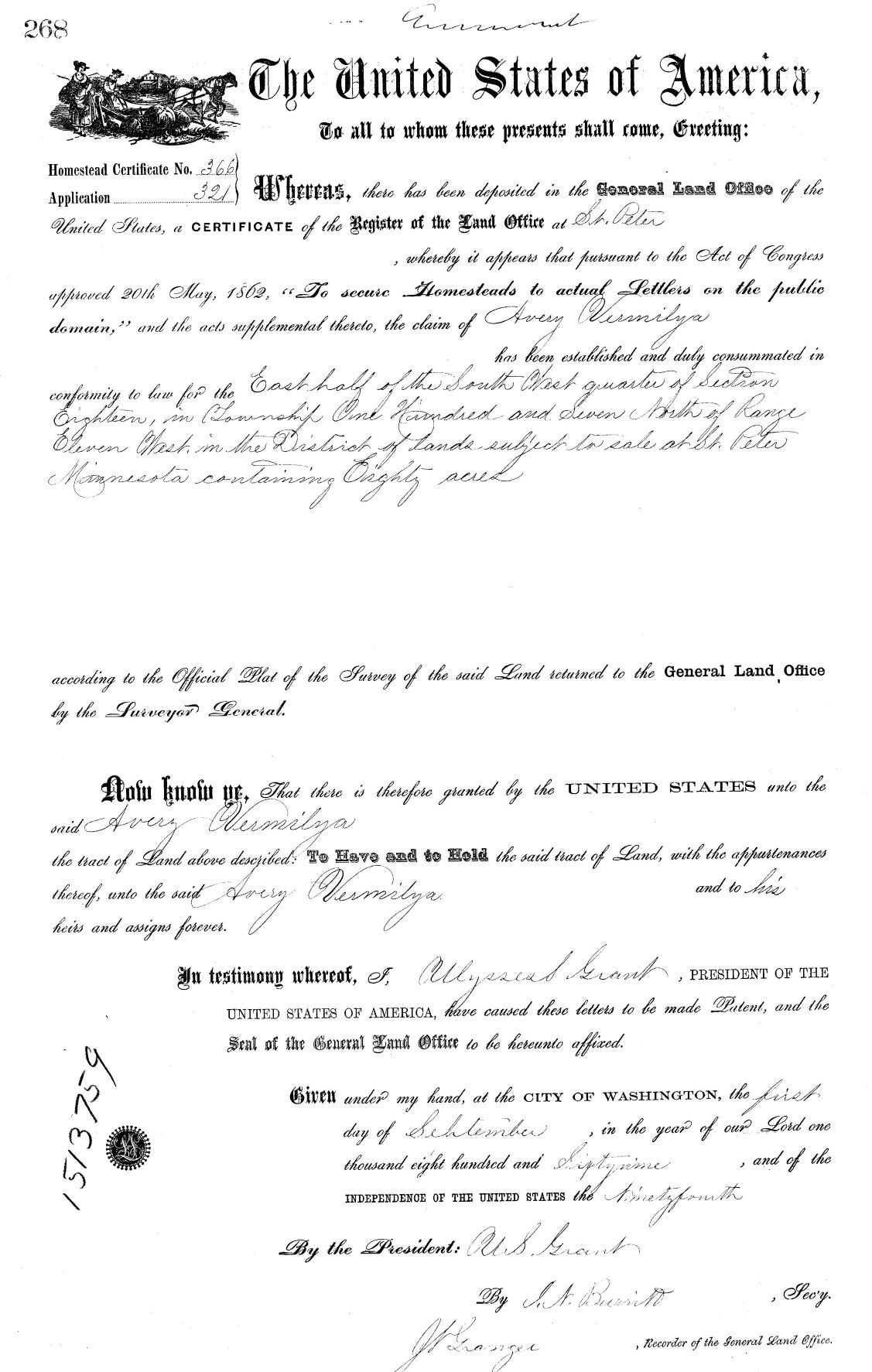 1869 Avery Vermilya Homestead Patent_MN1290__.268 - Jonnes Genealogy